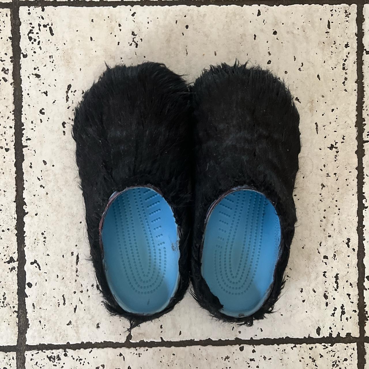 Black marni Furry fuzzy faux fur custom crocs I... - Depop