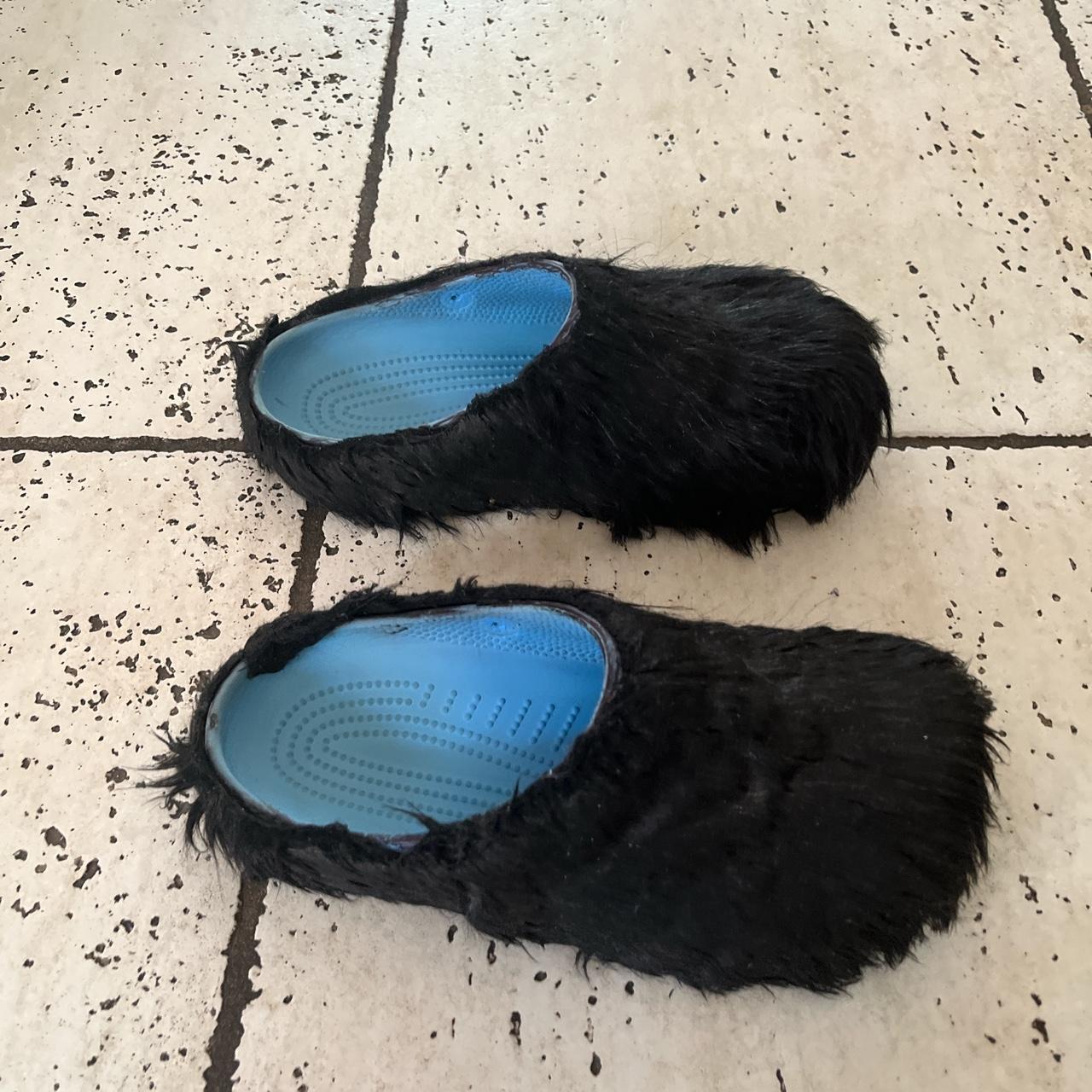 Black marni Furry fuzzy faux fur custom crocs I... - Depop
