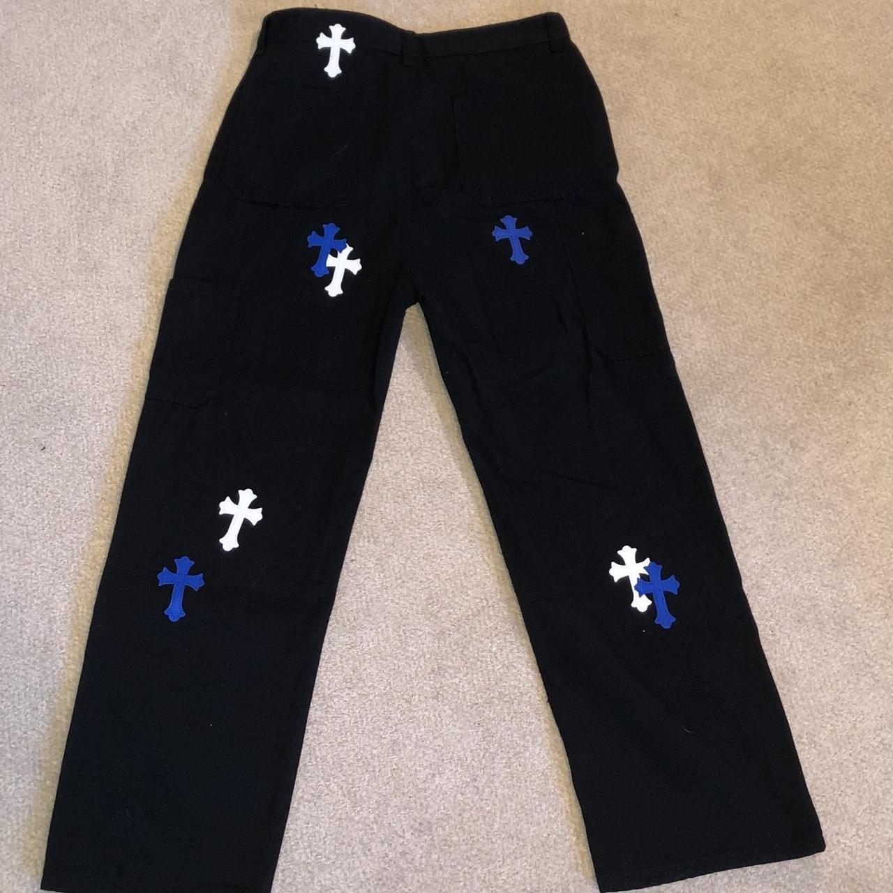 Y2K Blue and White crosses - Embroidered Black Jeans... - Depop