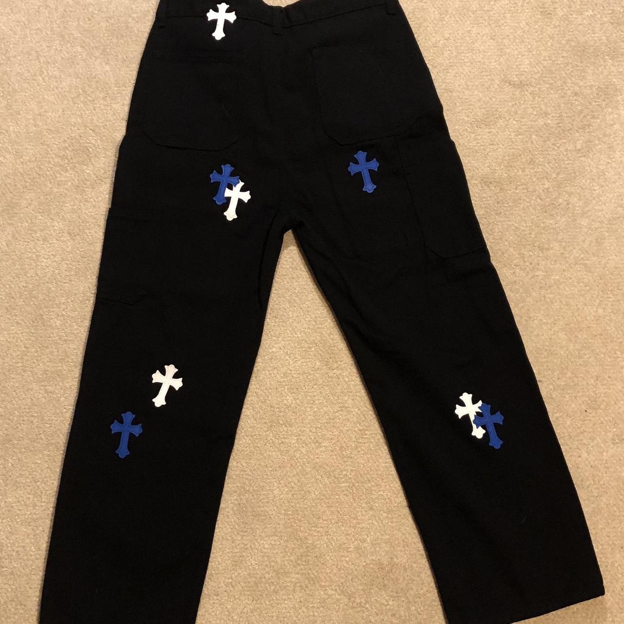 Y2K Blue and White crosses - Embroidered Black Jeans... - Depop