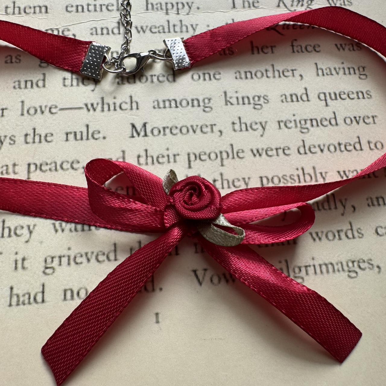 Red rose choker necklace with silver accents... | Depop