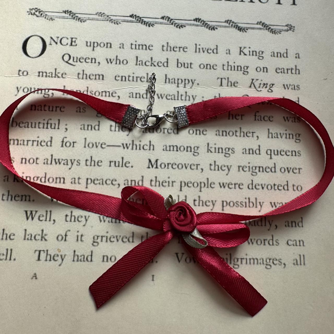 Red rose choker necklace with silver accents... | Depop