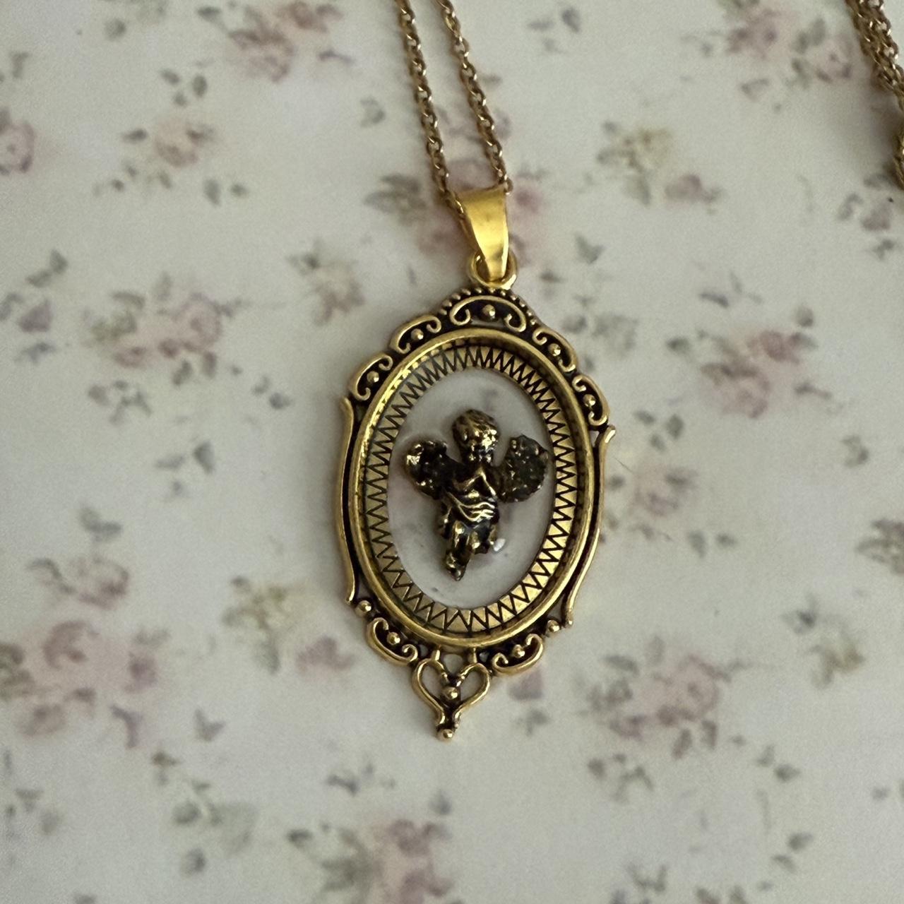 Vintage style gold color angel charm epoxy pendant... | Depop