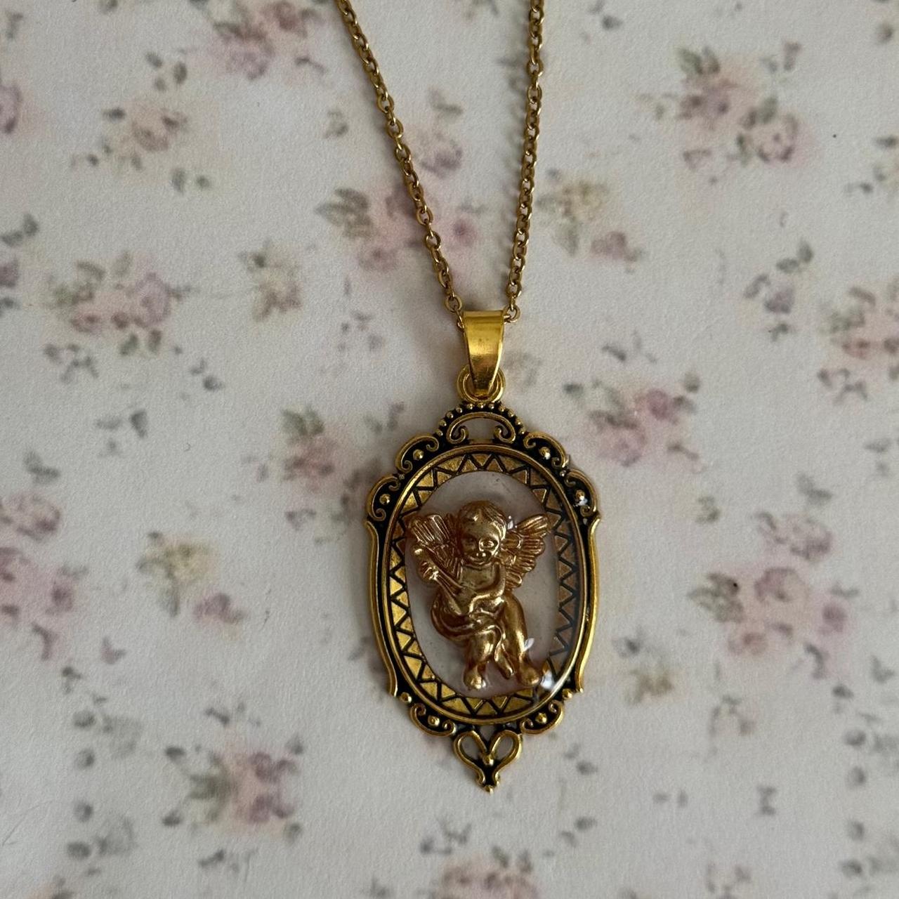 Vintage style gold color angel charm epoxy pendant... | Depop