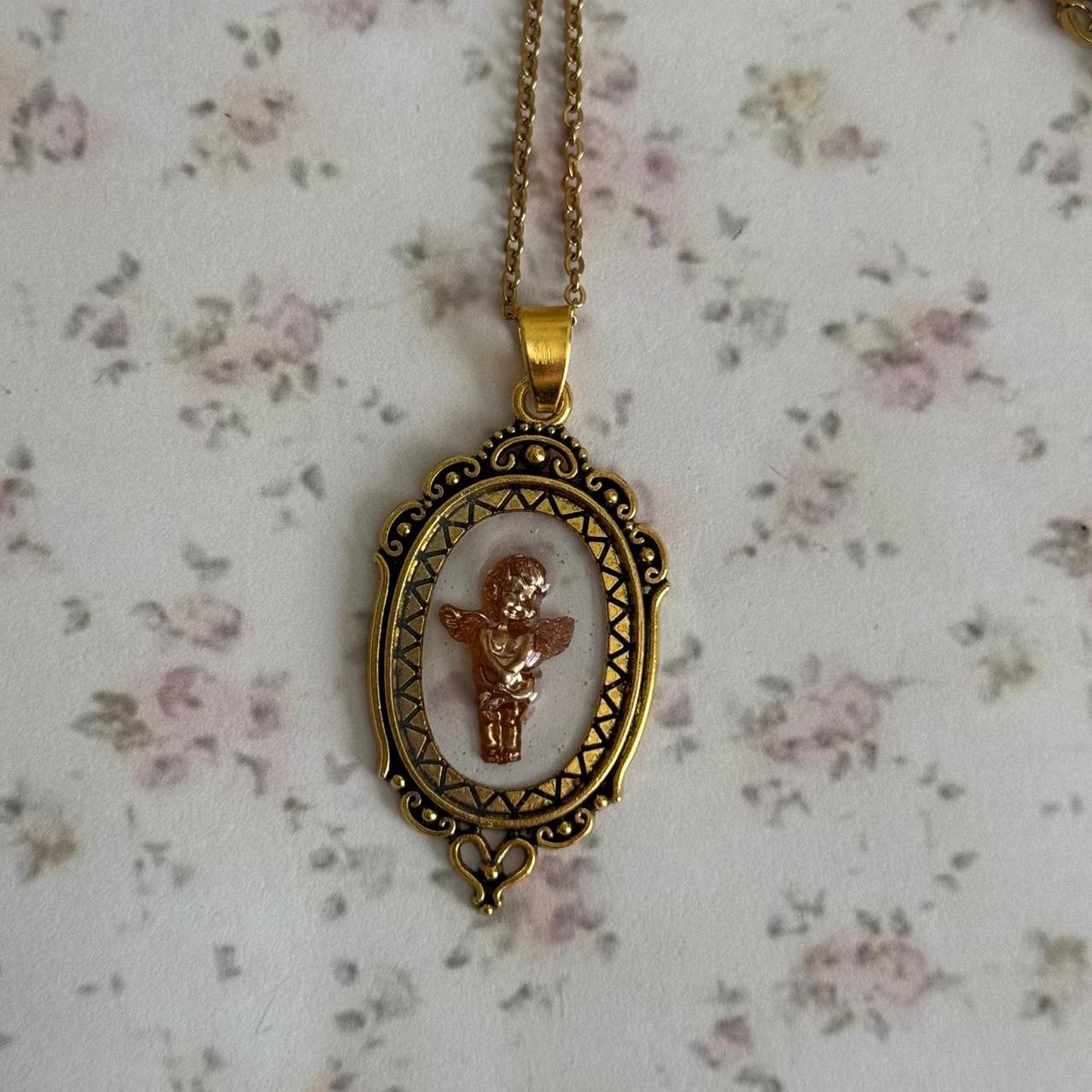 Vintage style gold color angel charm epoxy pendant... | Depop
