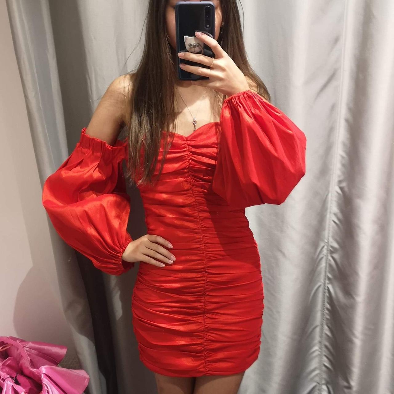 Red ruched mini dress with balloon sleeves Sleeves... - Depop