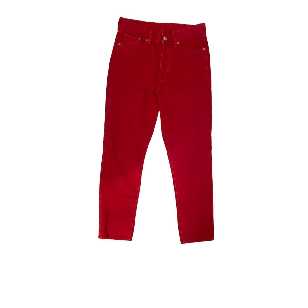 cherry red denim pants brand : h&m size :... - Depop