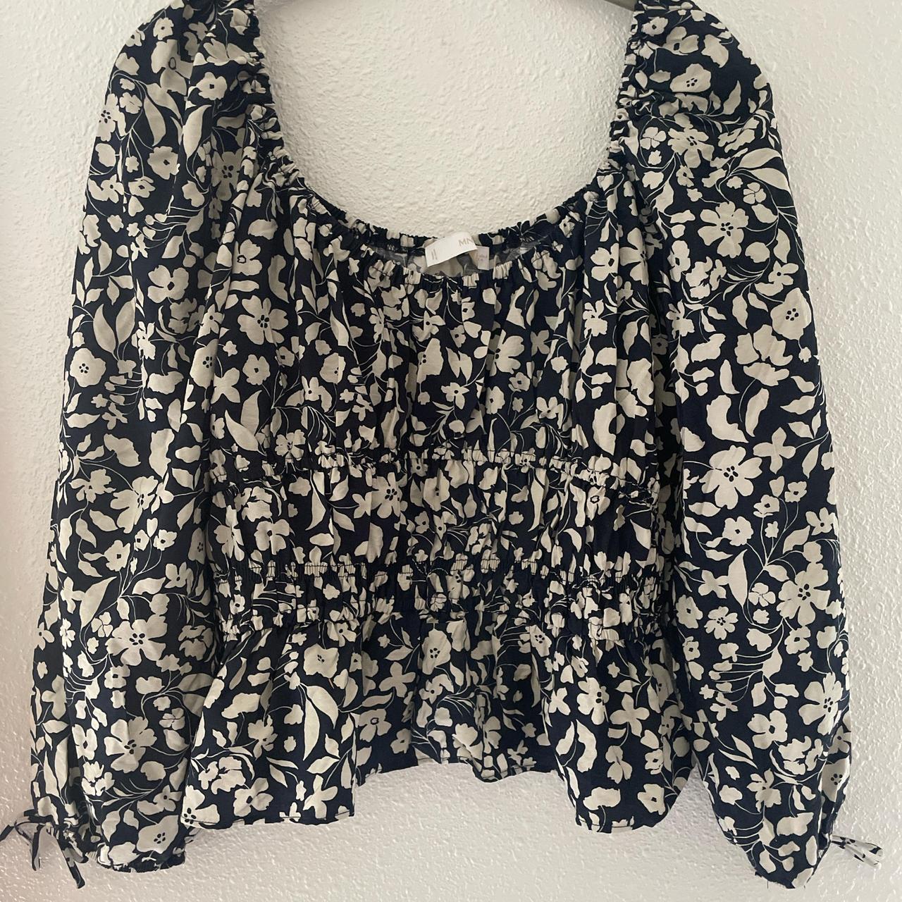 Mango navy floral top. Pretty details with tie... - Depop