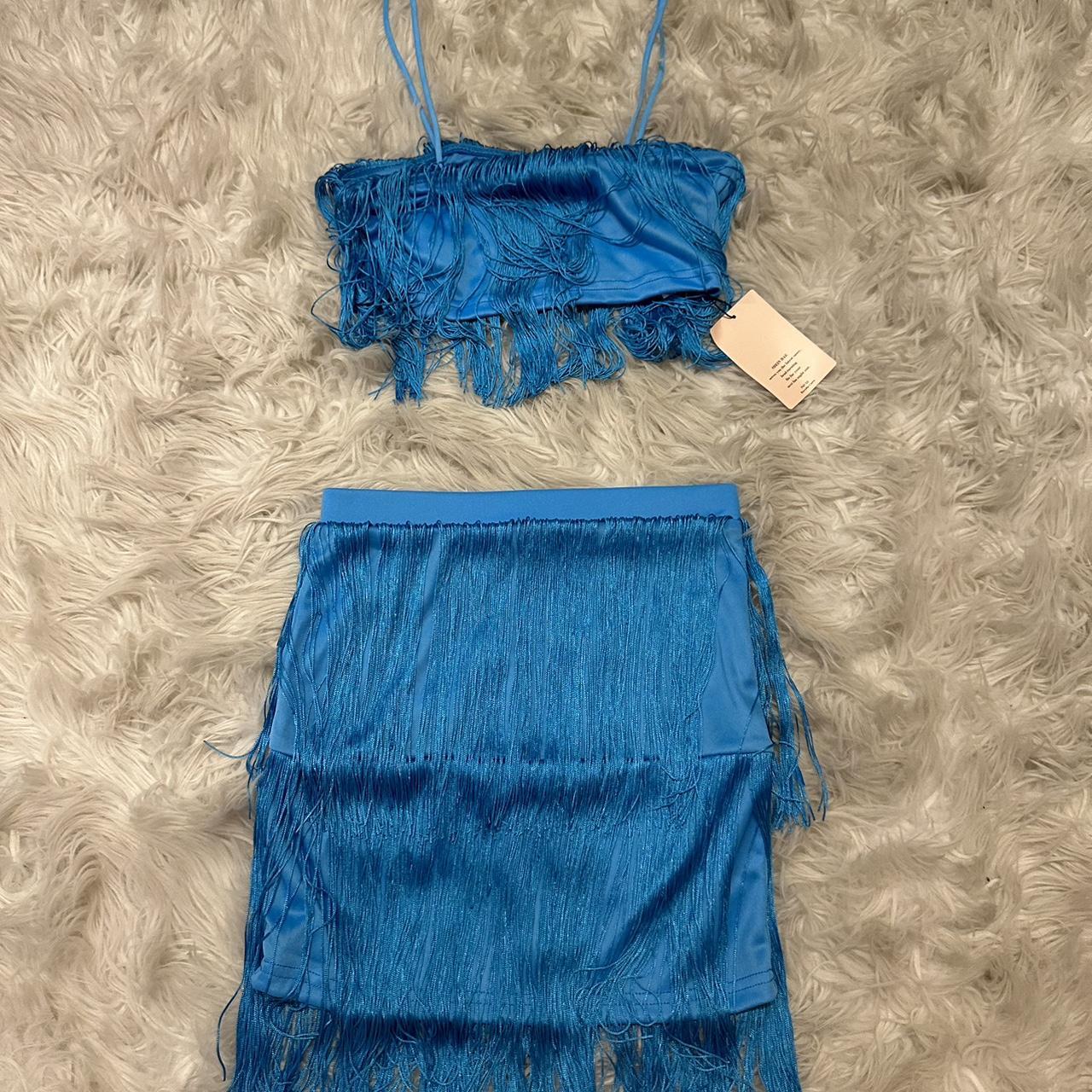 xs blue fringe two piece outfit from shein never... - Depop