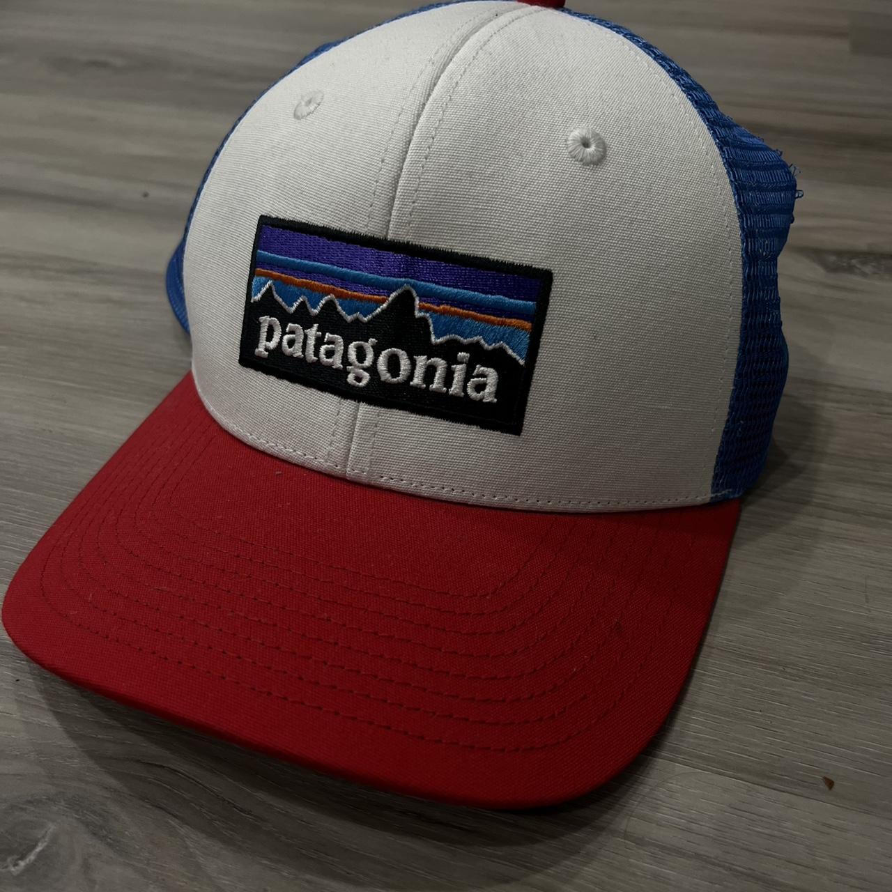 Patagonia red and blue trucker hat - Depop