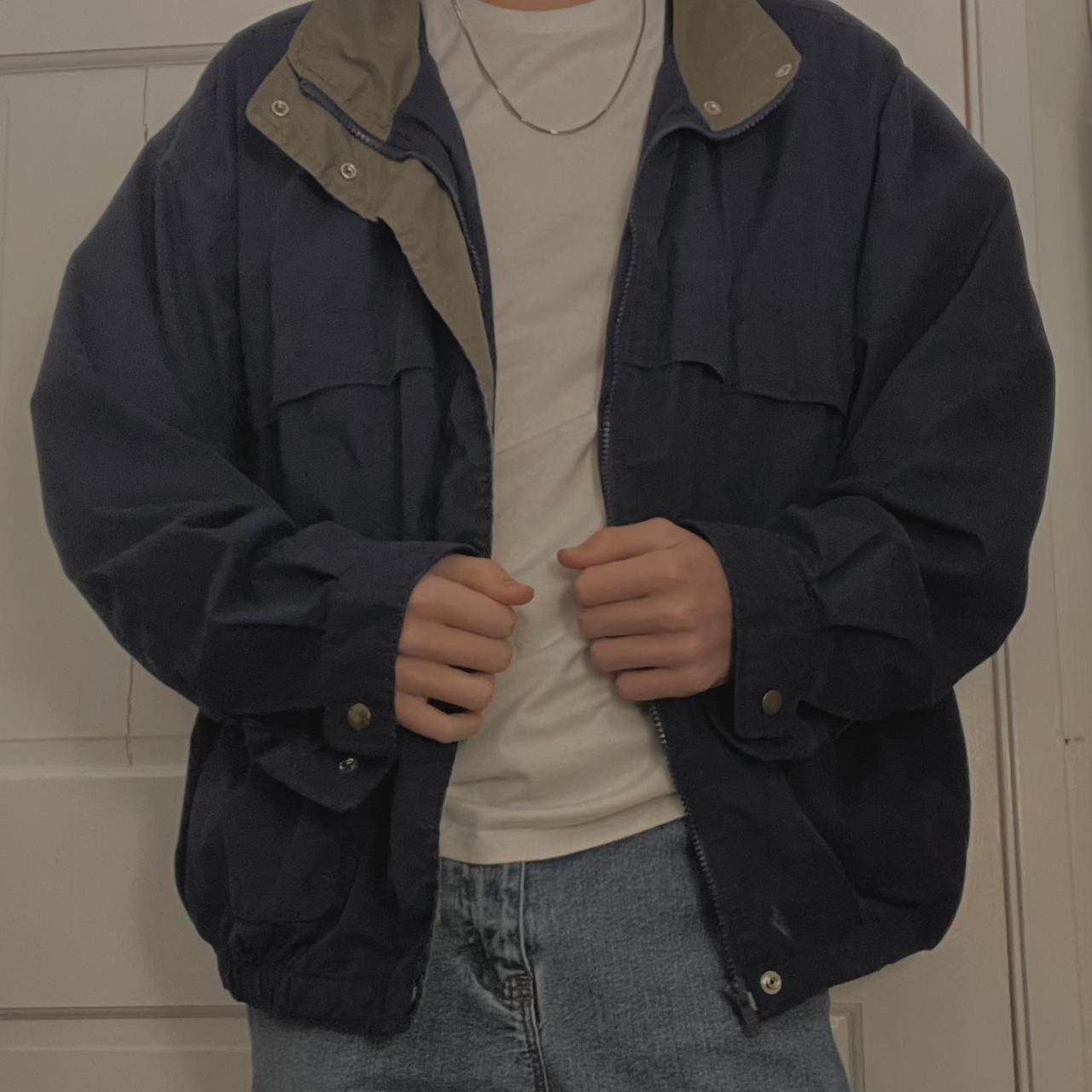 Vintage Trader Bay Bomber Jacket, Blue and tan, Xtra... | Depop