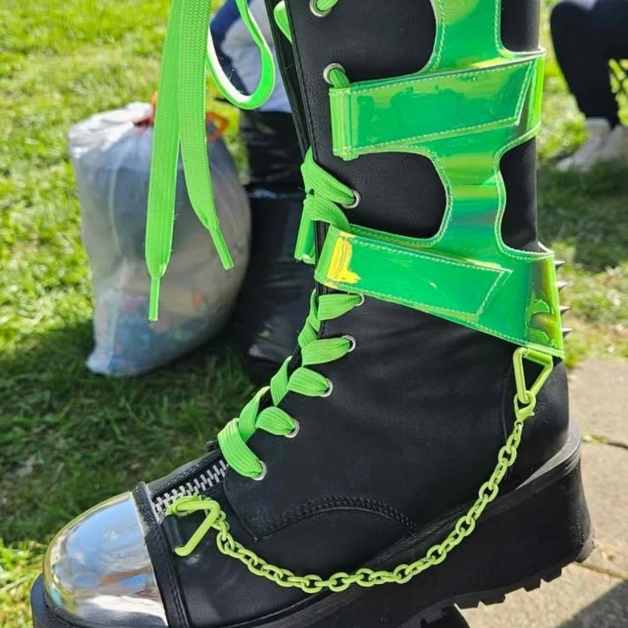 Demonic combat boots neon green & black size 9 | Depop