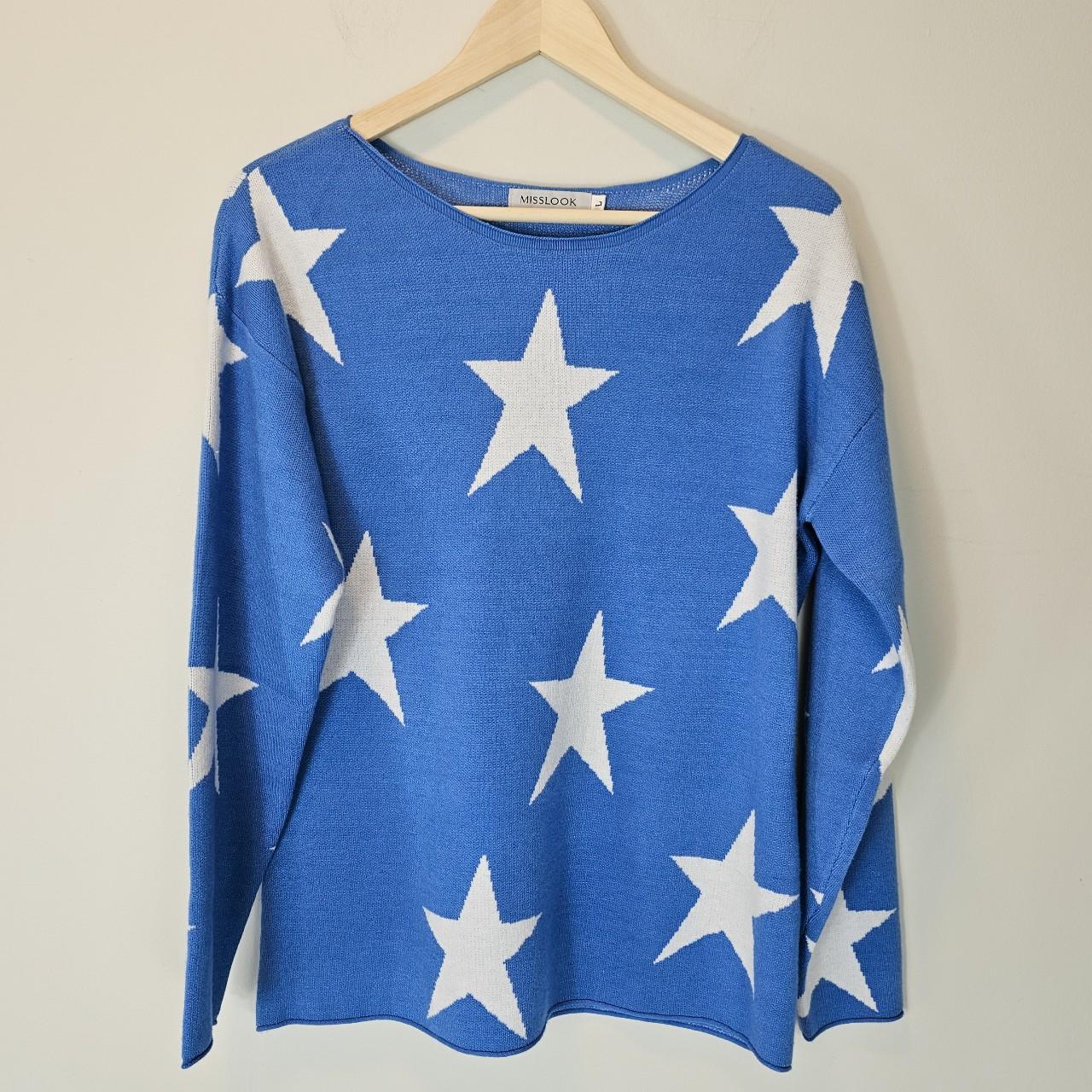 Mislook Star Blue White Soft Knitted Sweater... - Depop