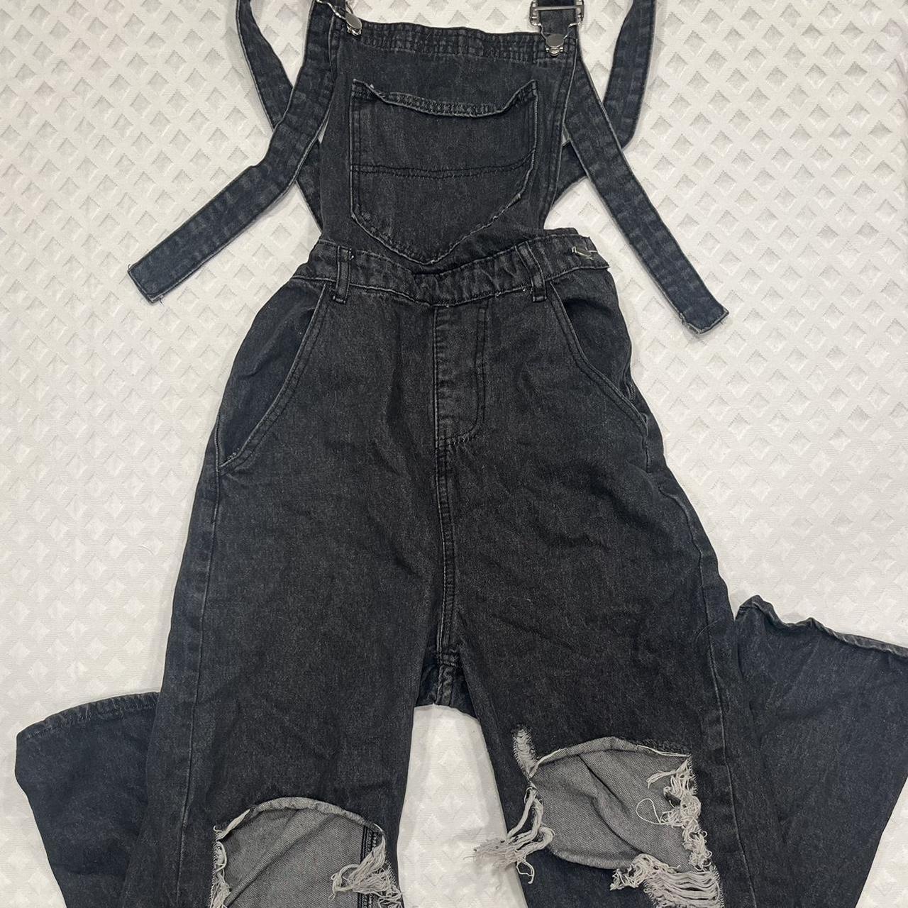 ୨୧ Super Cute Black & Silver Ripped Overalls... - Depop