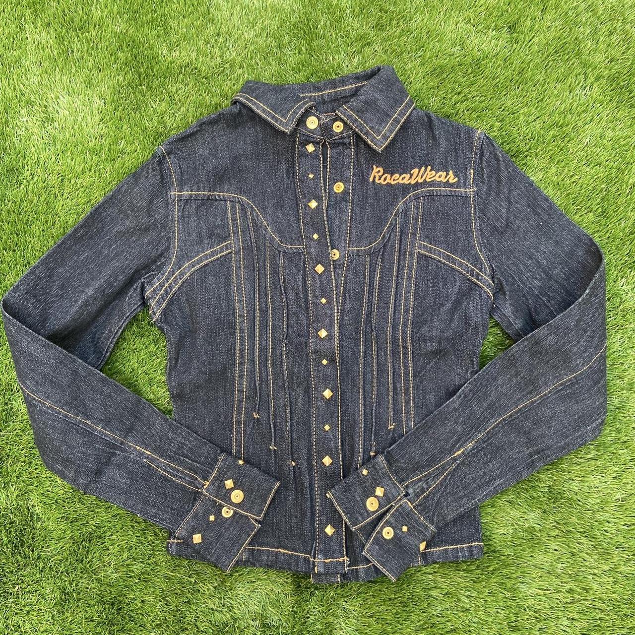 y2k 2000’s studded denim jacket size xs-best fit... - Depop