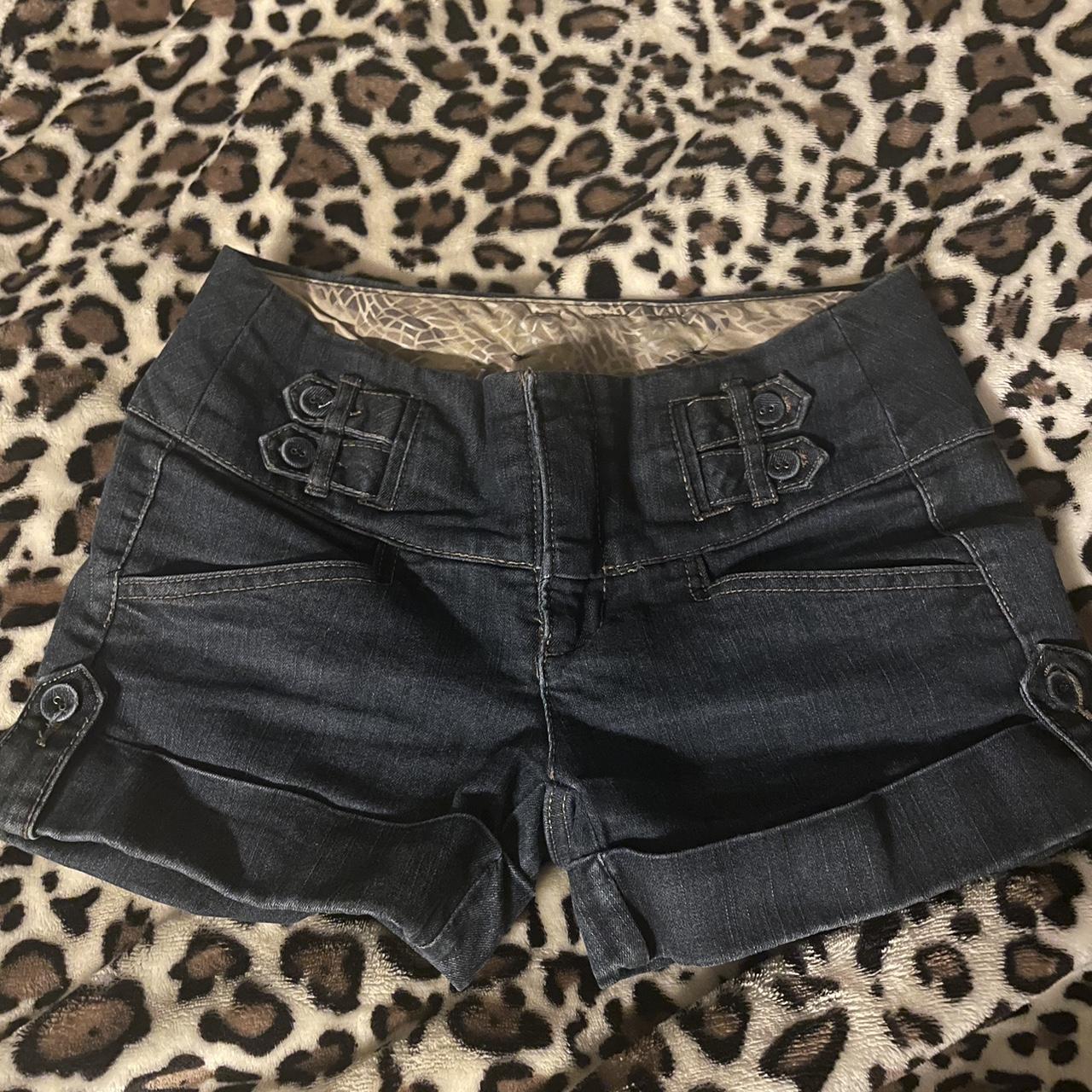 low rise dark denim shorts many cool details - Depop