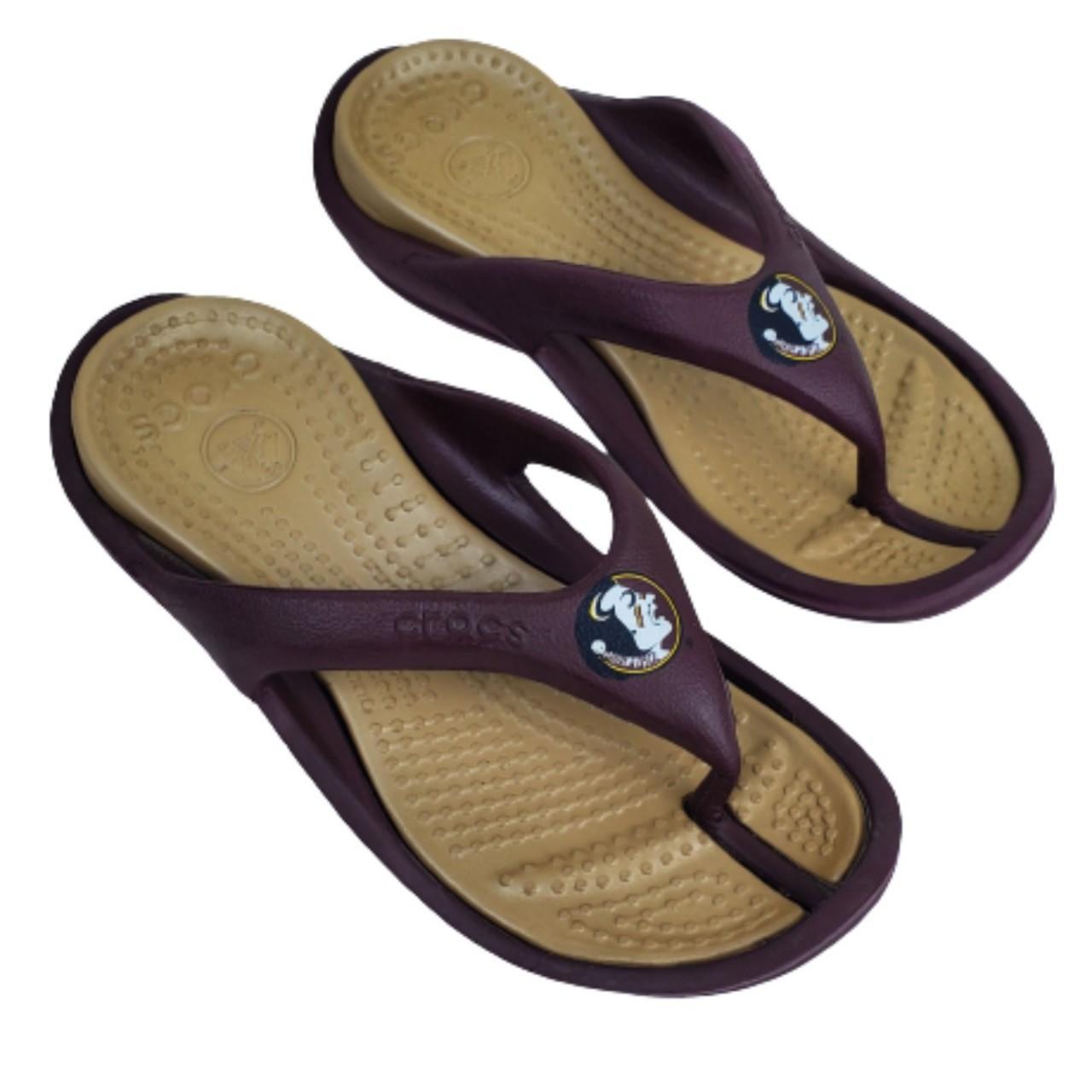 Crocs Women's Burgundy and Gold Sandals | Depop