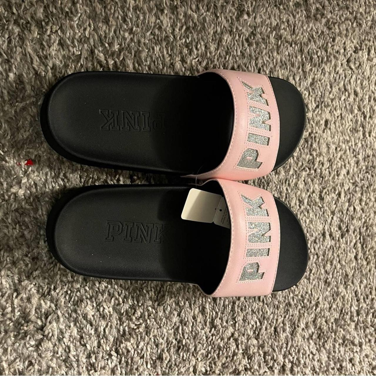 Victoria Secret Pink Glittery Logo Slides Size... - Depop