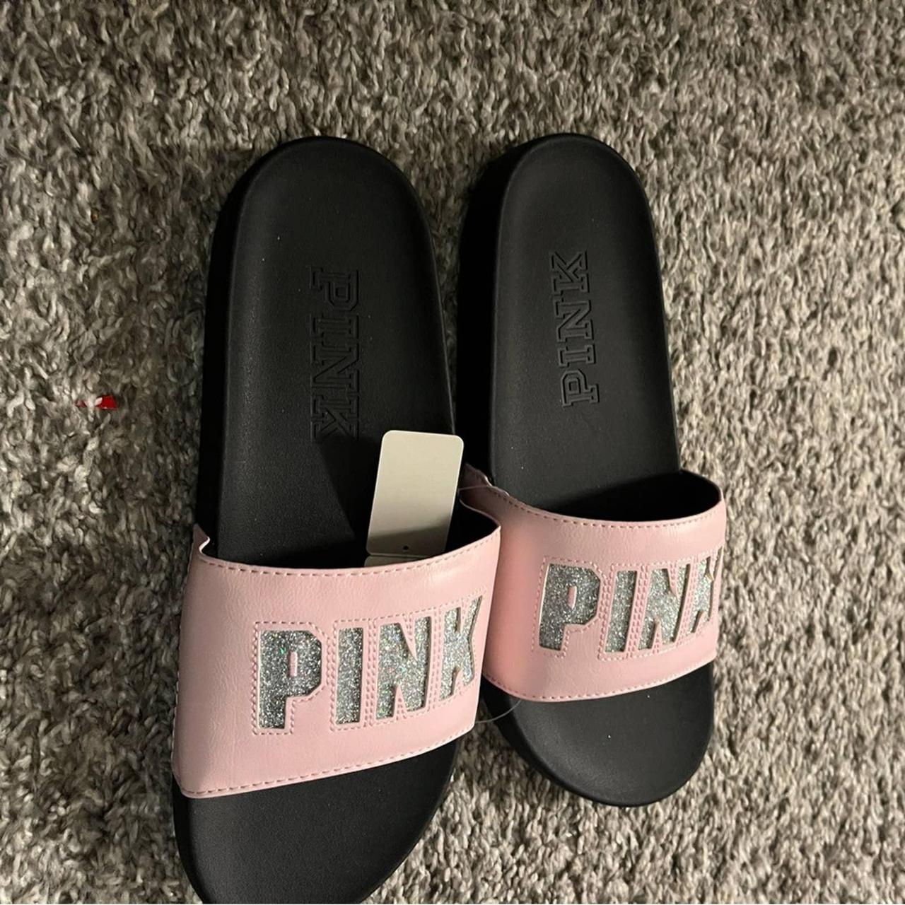 Victoria Secret Pink Glittery Logo Slides Size... - Depop