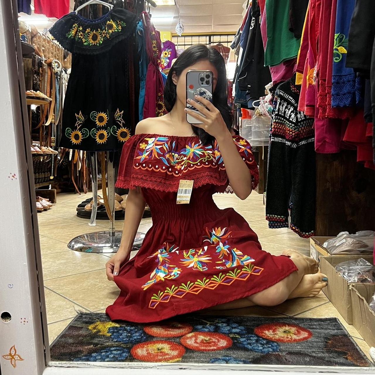 Beautiful red off shoulder Mexican artisanal dress... - Depop