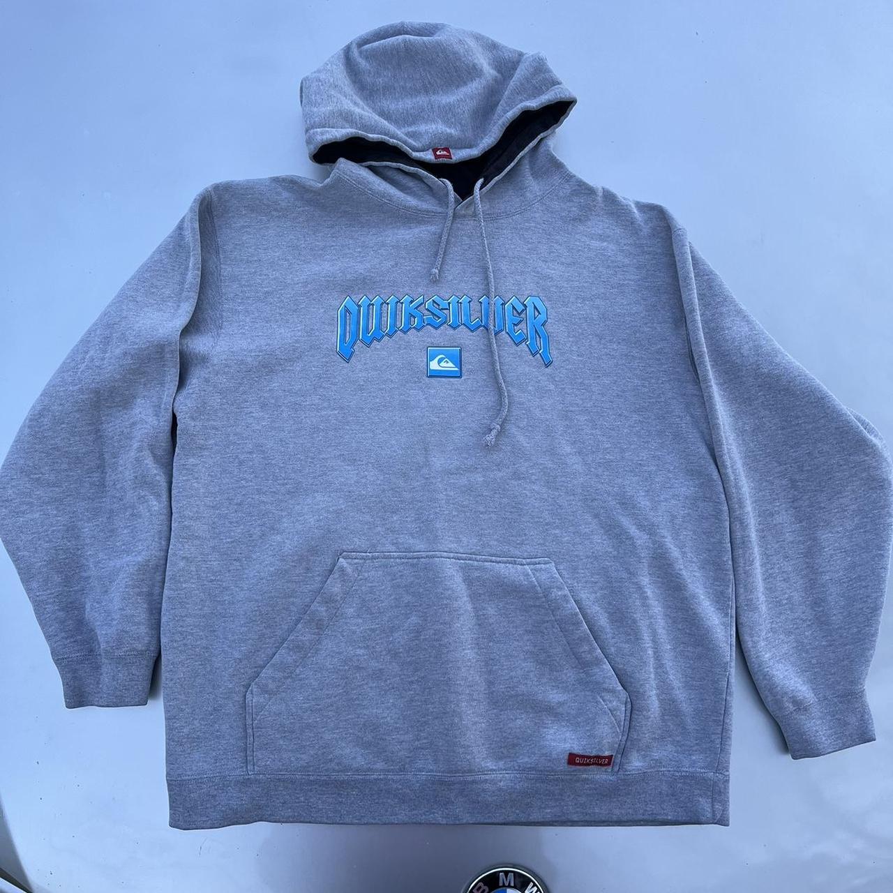 QUIKSILVER RETRO GREY/BLUE PRINT HOODIE BOXY... - Depop