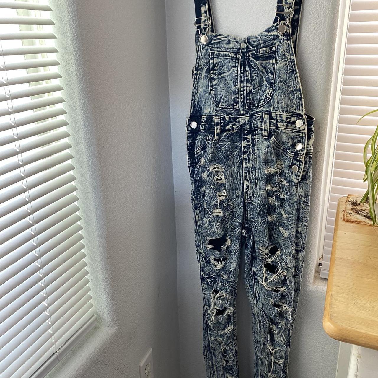 Distressed Acid wash overalls Buttons on side of... - Depop