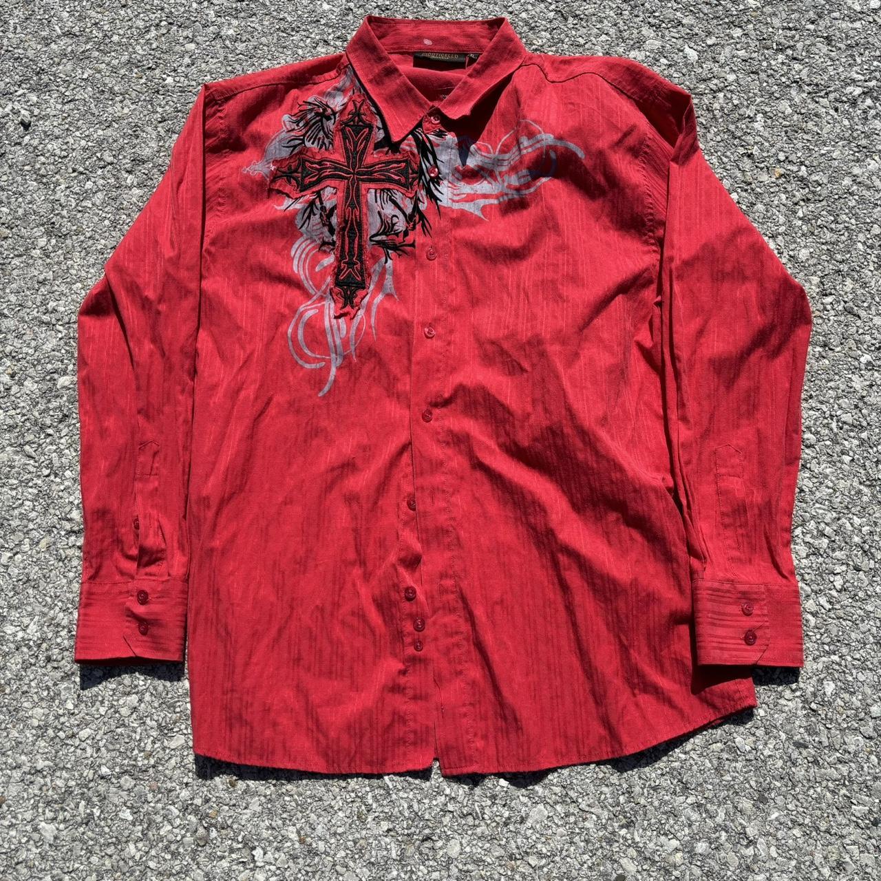 Y2K affliction esque red button up shirt Size... - Depop