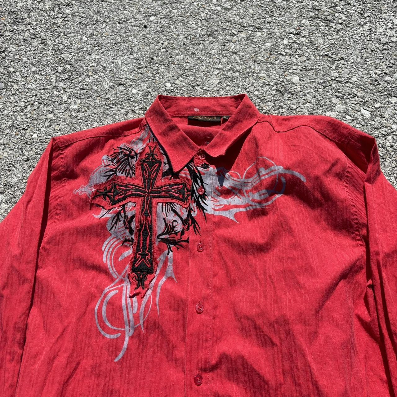 Y2K affliction esque red button up shirt Size... - Depop