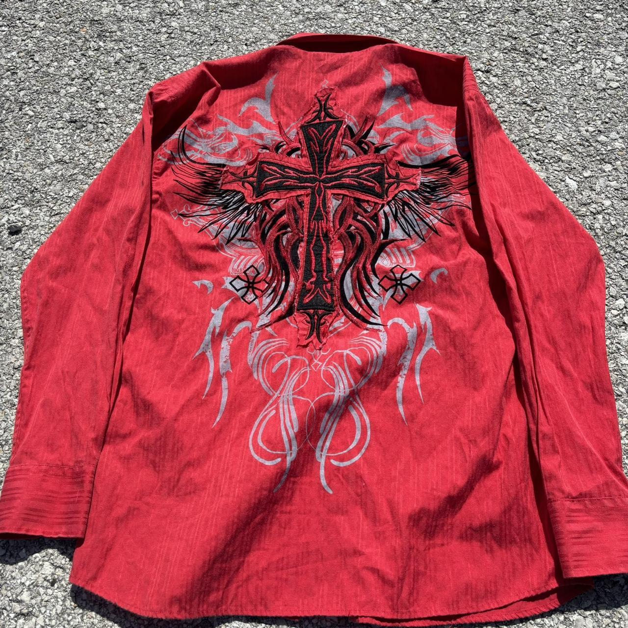 Y2K affliction esque red button up shirt Size... - Depop