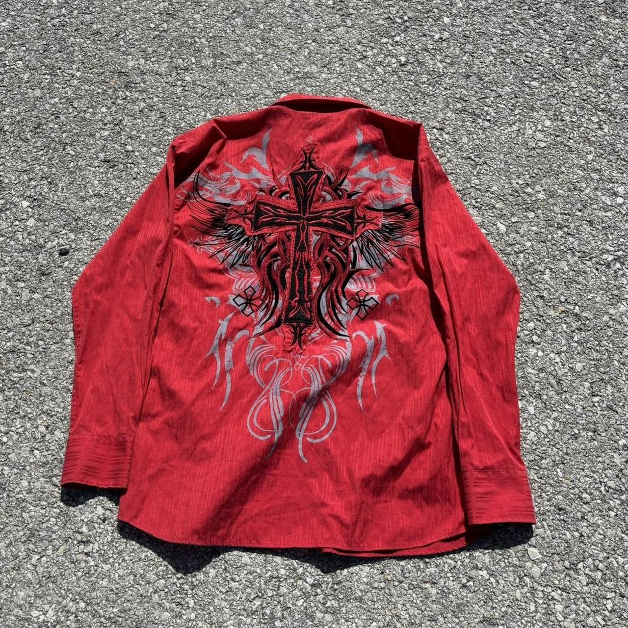 Y2K affliction esque red button up shirt Size... - Depop