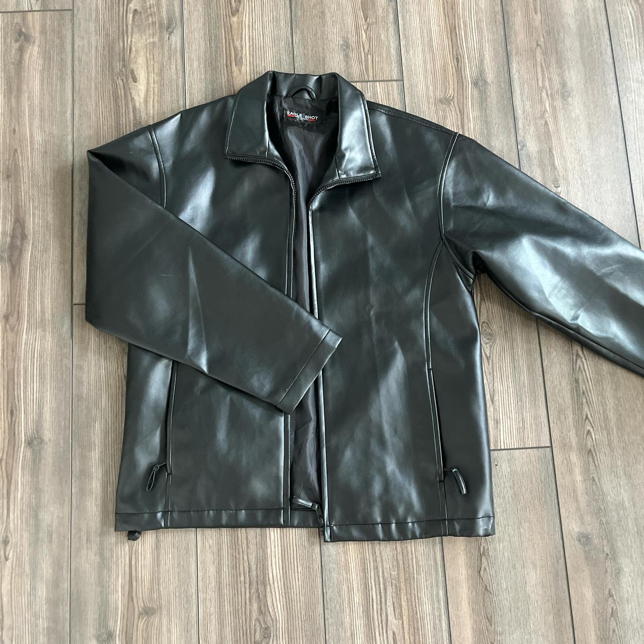 Black faux leather jacket, size medium in men’s - Depop