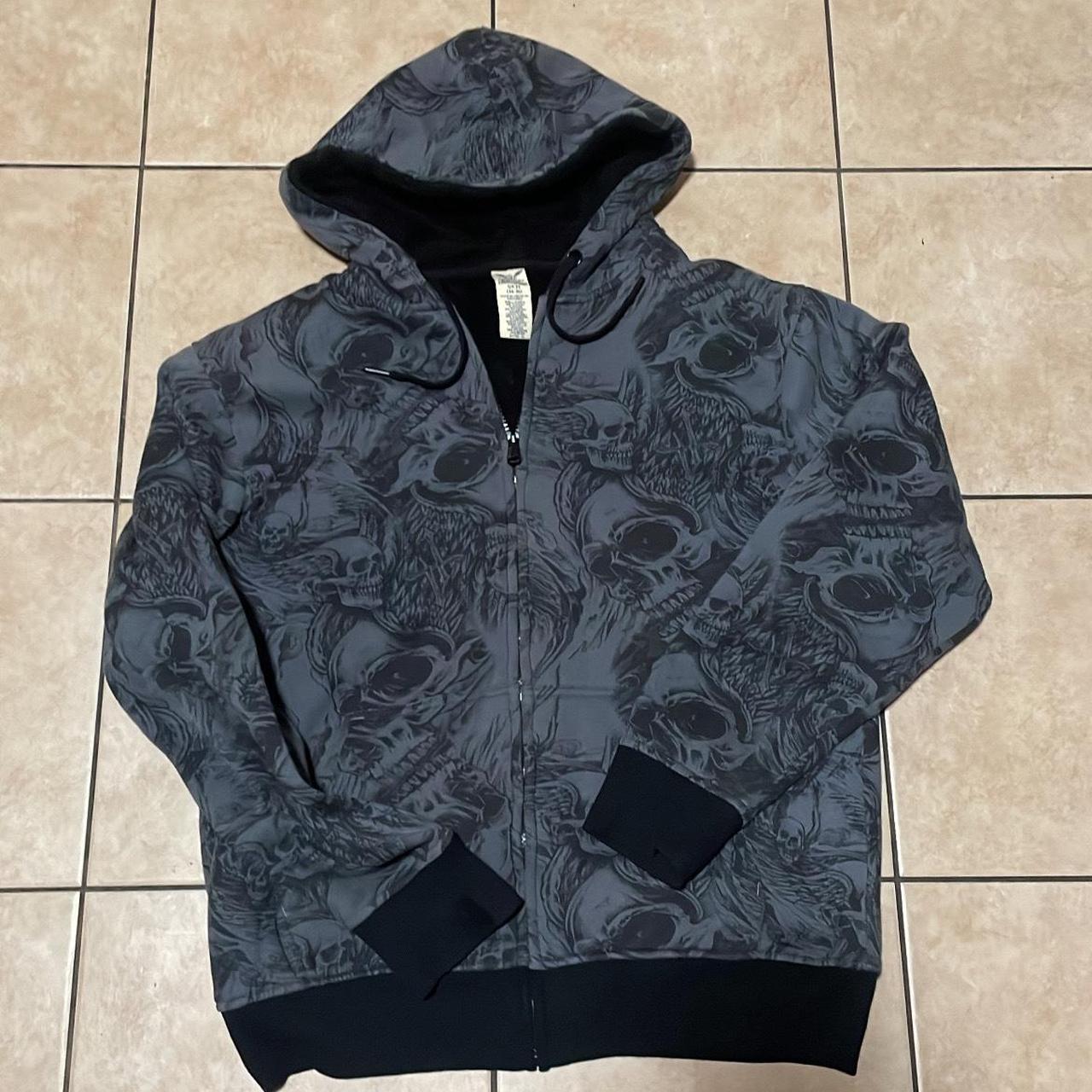 Faded Glory skull zip up hoodie tagged as small... | Depop