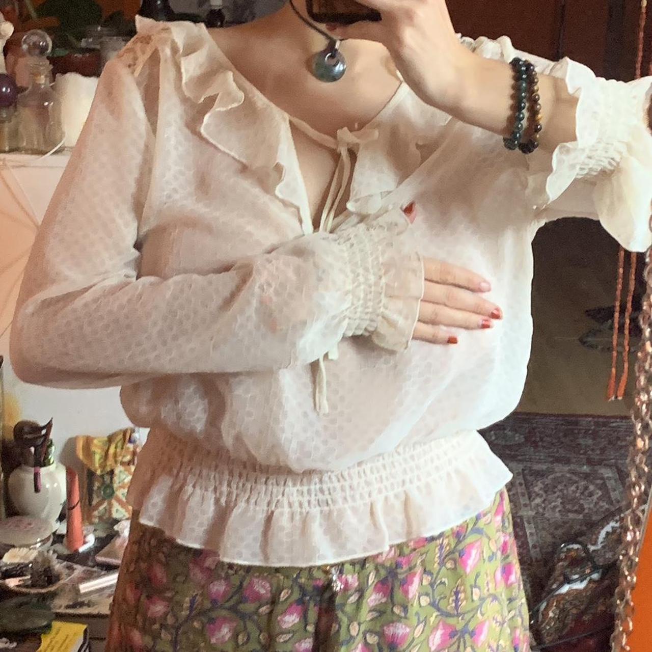 Sheer cream ruffle blouse ☆ Rarely worn 70s... - Depop