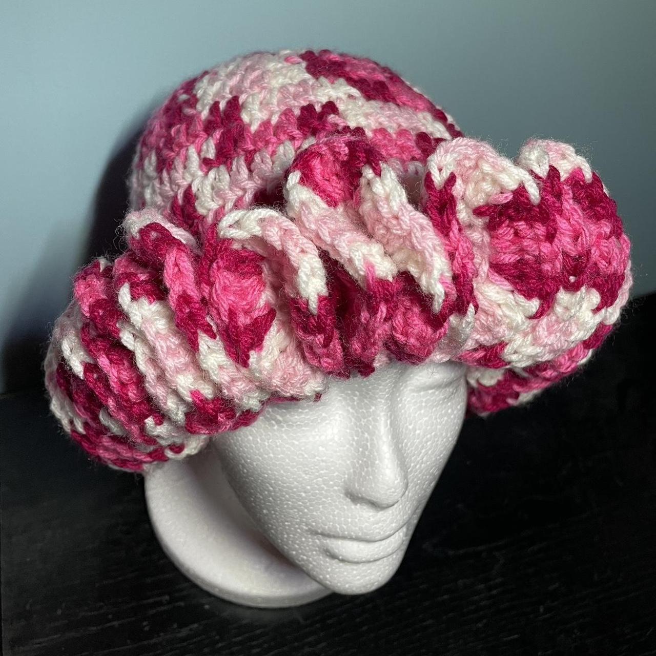 Pink Crochet Ruffle Hat - handmade - multiple... - Depop