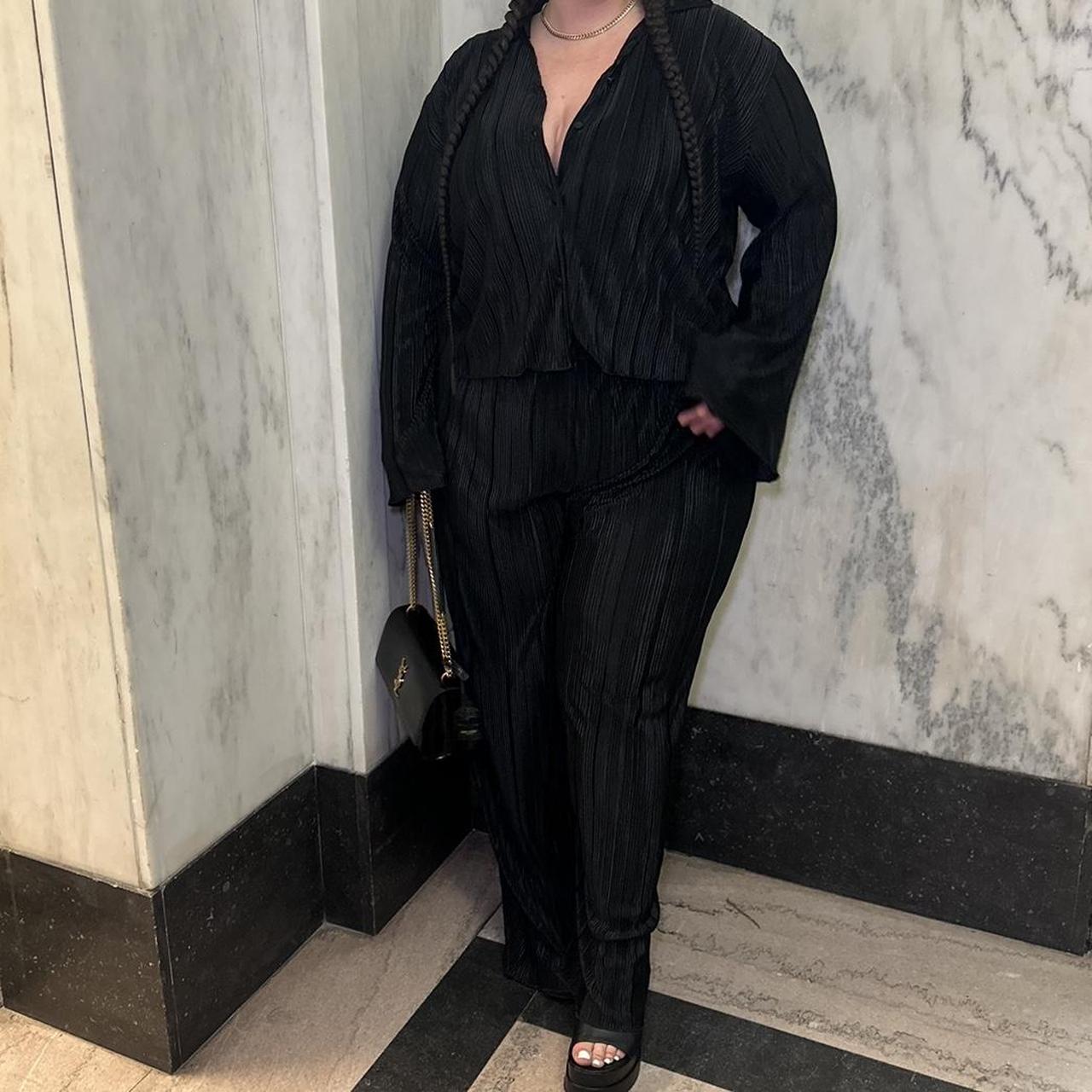 Fashion nova black silky like pants set size 3XL... - Depop