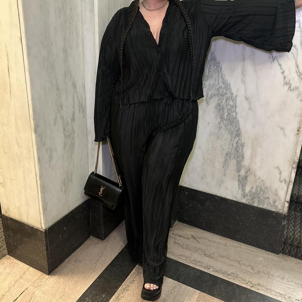 Fashion nova black silky like pants set size 3XL... - Depop