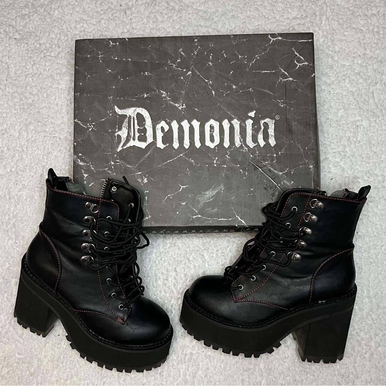 demonia cult assault 100 ankle boots black with red... - Depop