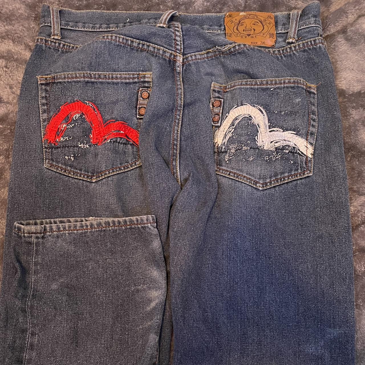 Y2K Evisu Red and White Embroidered Blue Heritage... - Depop