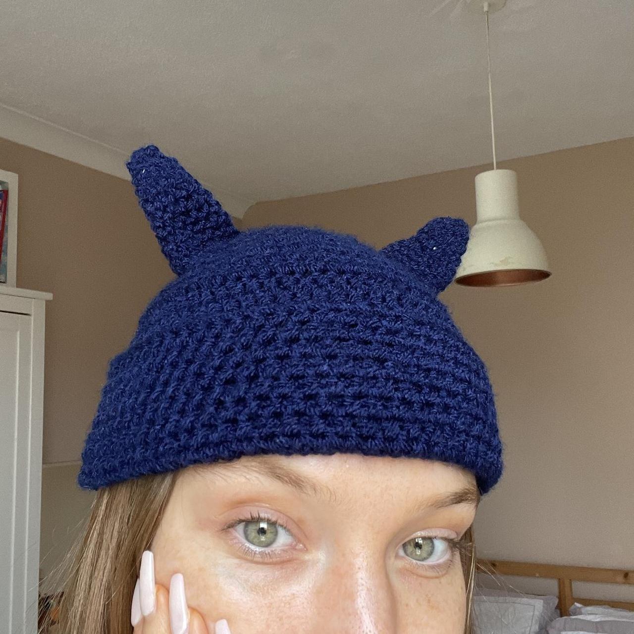 Handmade crochet devil hat in dark blue. Shorter... - Depop