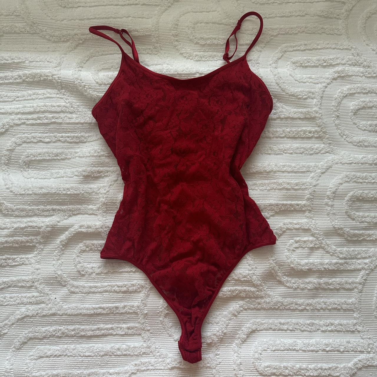 Red lace bodysuit Beautiful sheer lace bodysuit... - Depop