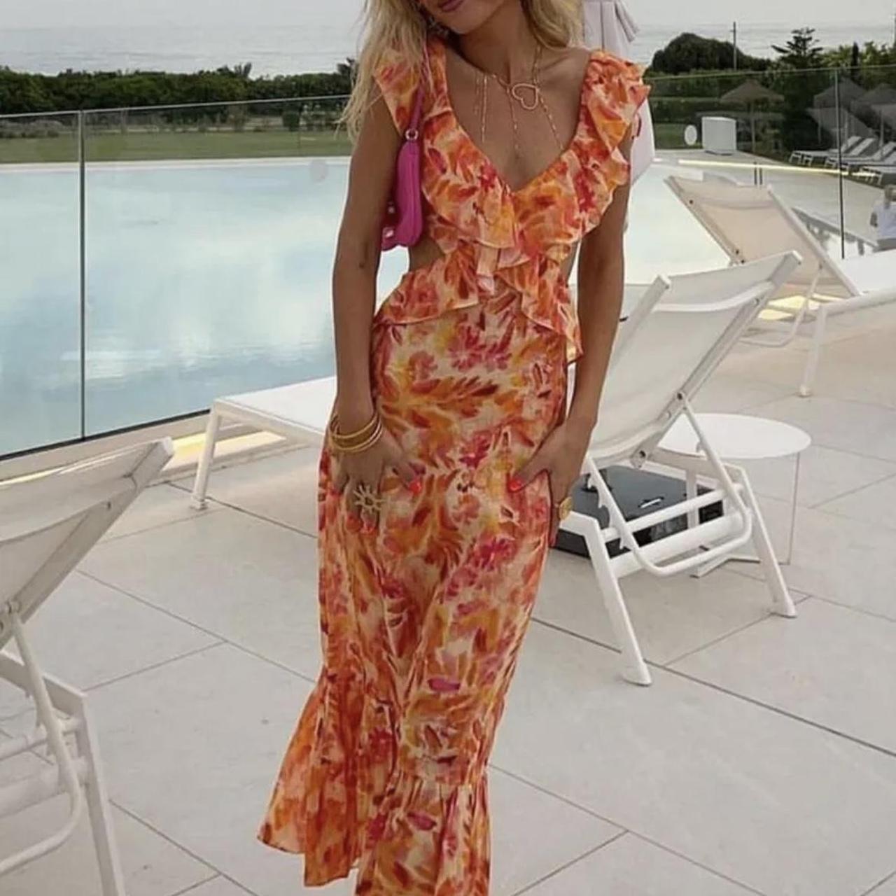 ZARA RUFFLED MIDI DRESS LINEN V-NECK SLEEVELESS NEW... - Depop