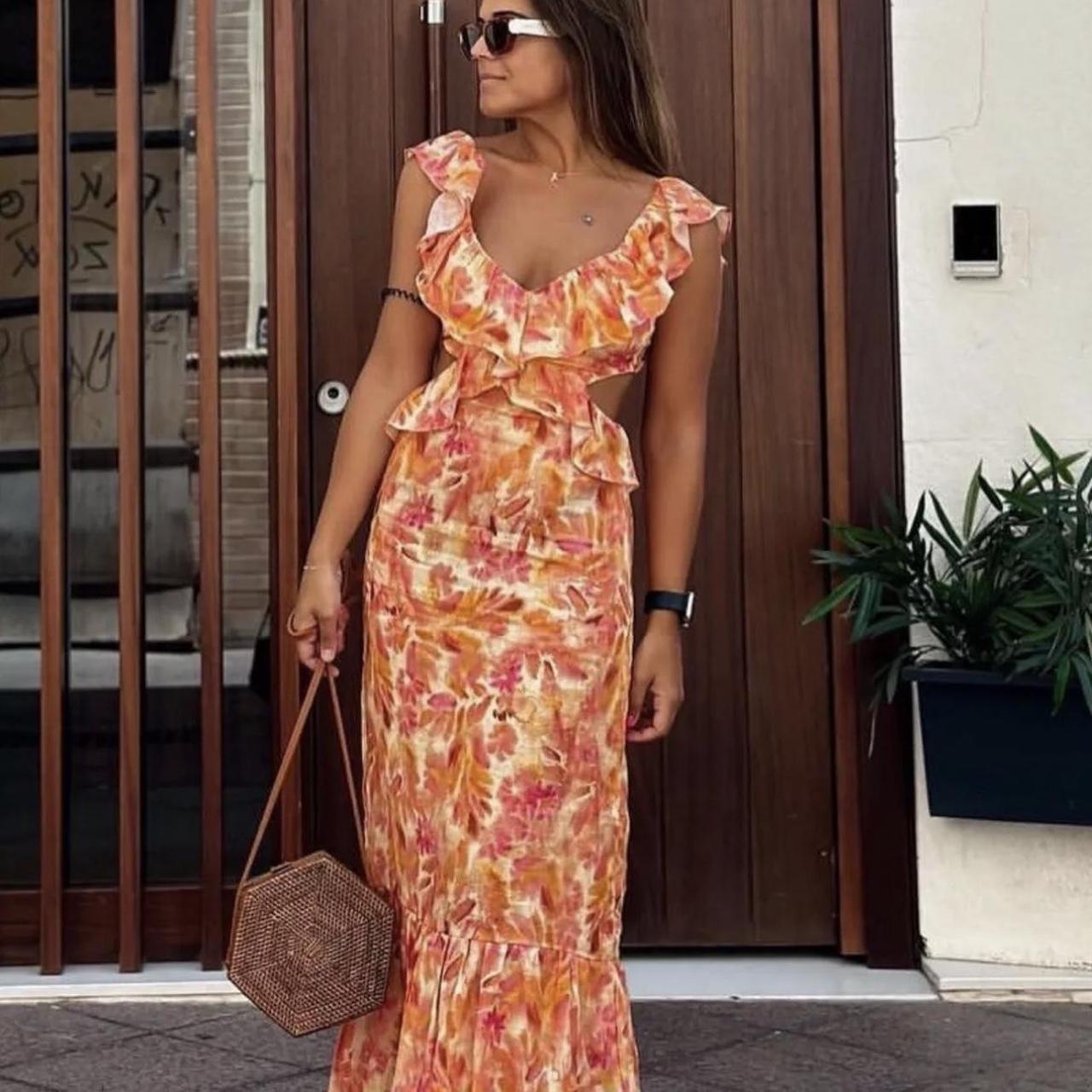 ZARA RUFFLED MIDI DRESS LINEN V-NECK SLEEVELESS NEW... - Depop