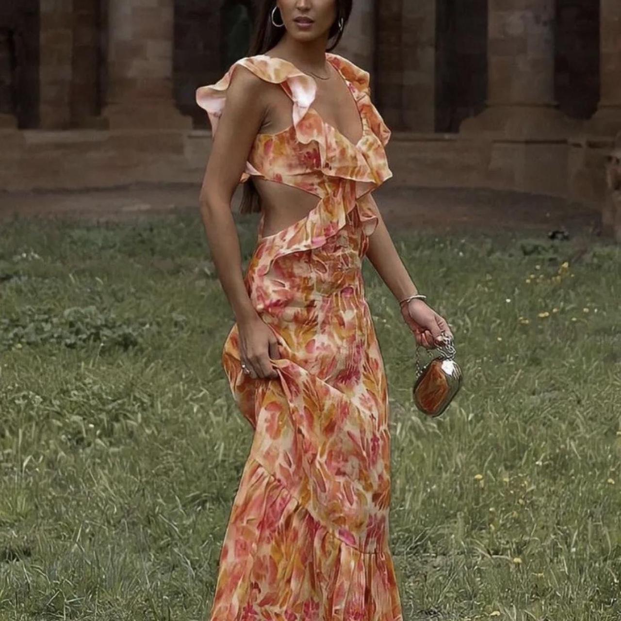 ZARA RUFFLED MIDI DRESS LINEN V-NECK SLEEVELESS NEW... - Depop