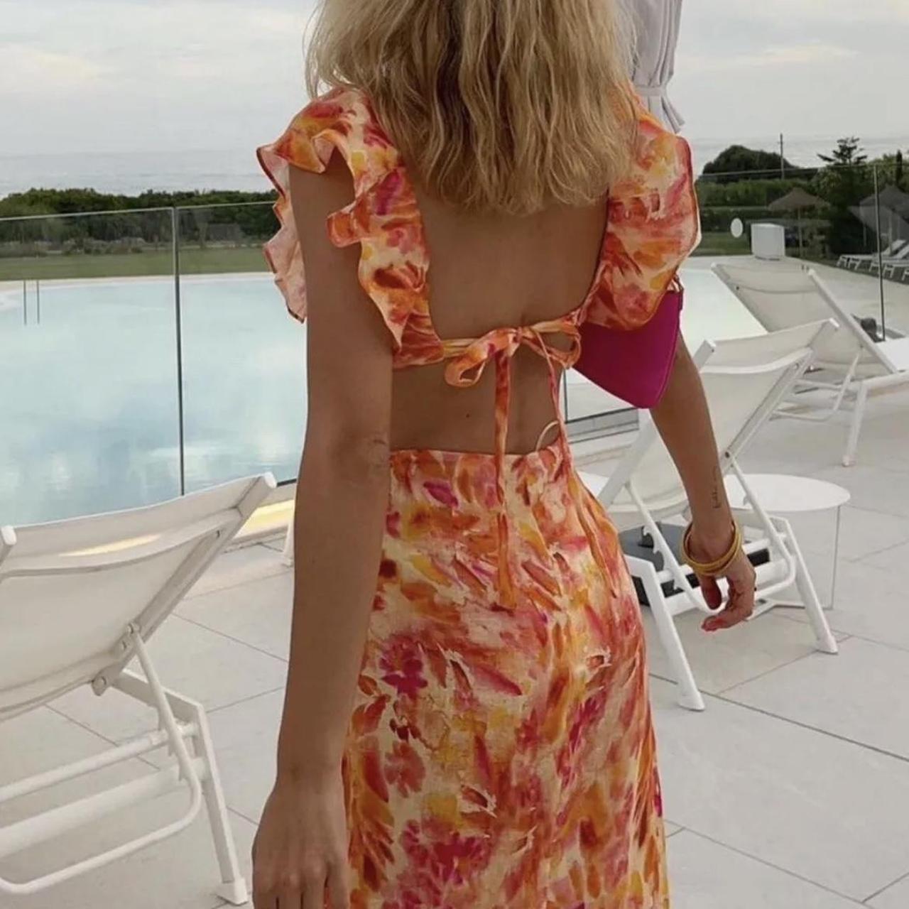 ZARA RUFFLED MIDI DRESS LINEN V-NECK SLEEVELESS NEW... - Depop