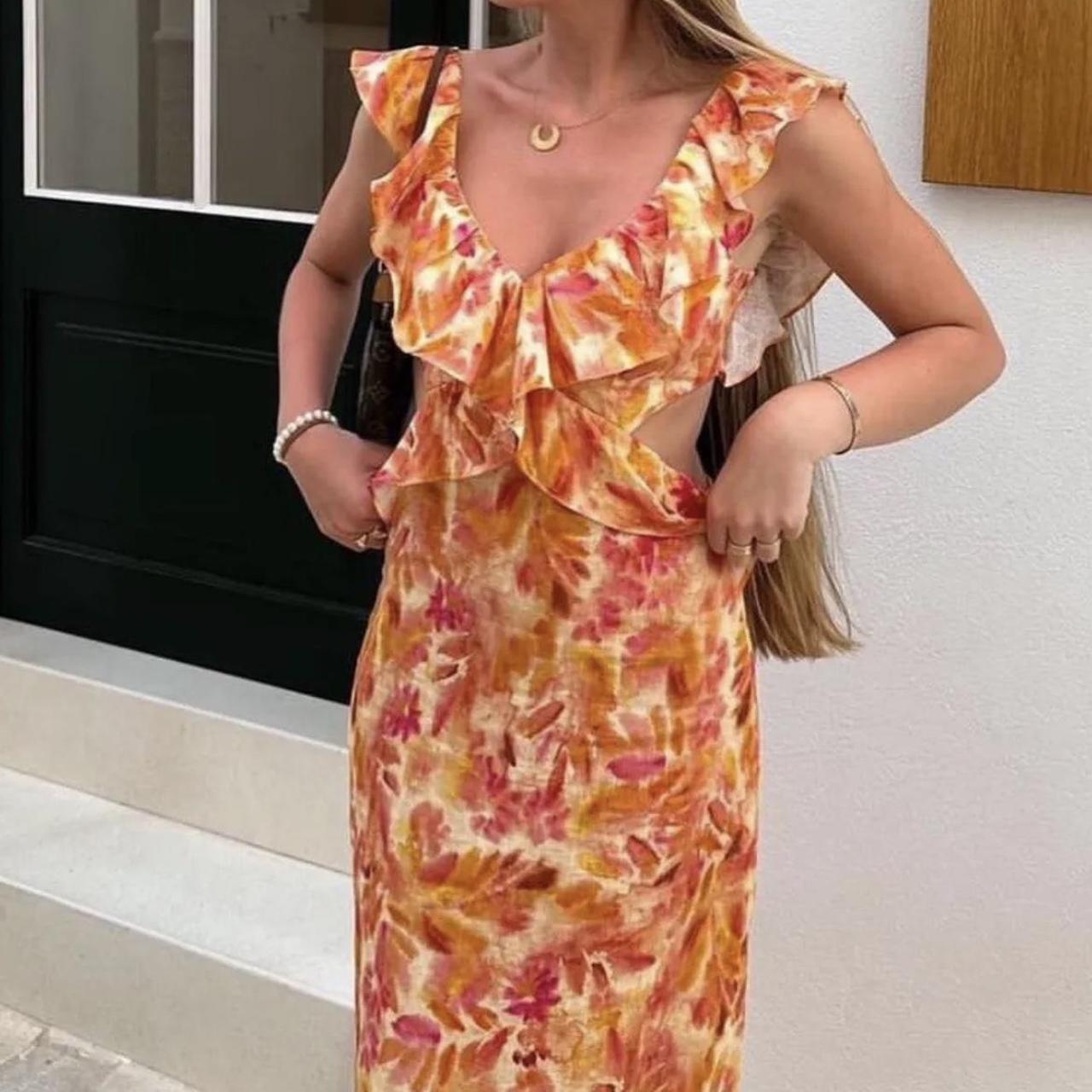 ZARA RUFFLED MIDI DRESS LINEN V-NECK SLEEVELESS NEW... - Depop