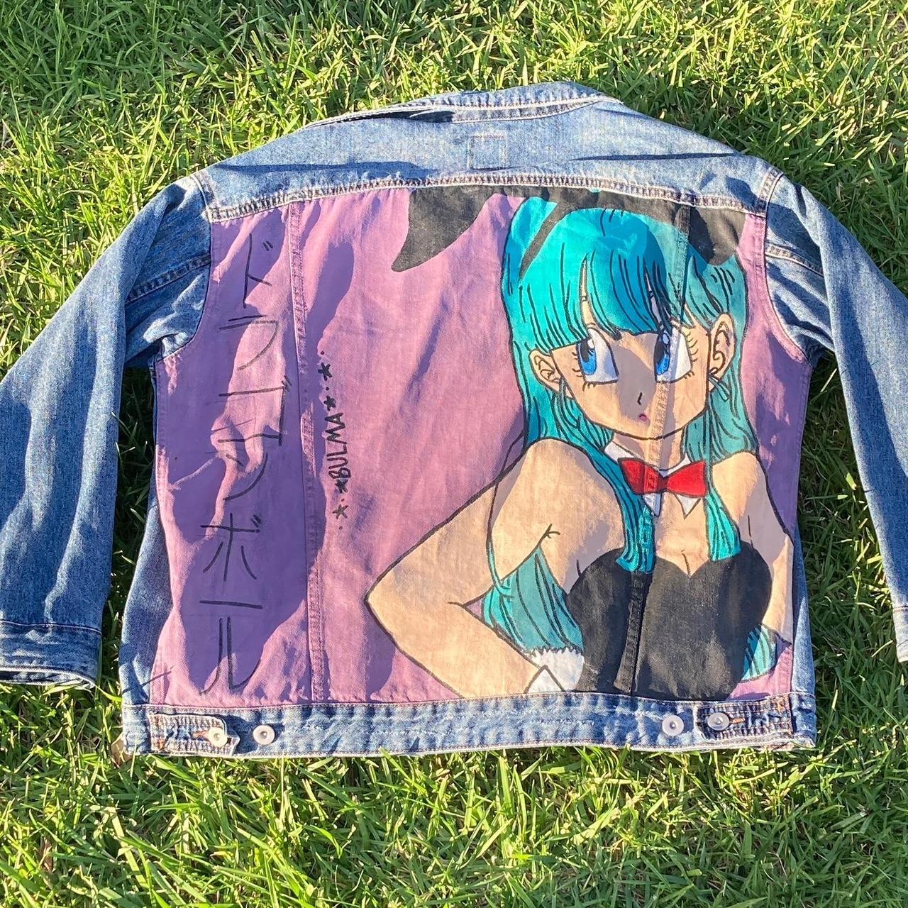 Bulma jacket Hand printed with acrylic paint... - Depop