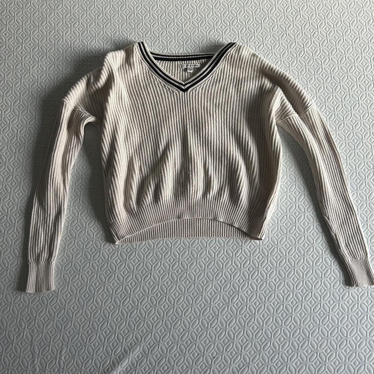 american eagle white v neck sweater with striped... - Depop