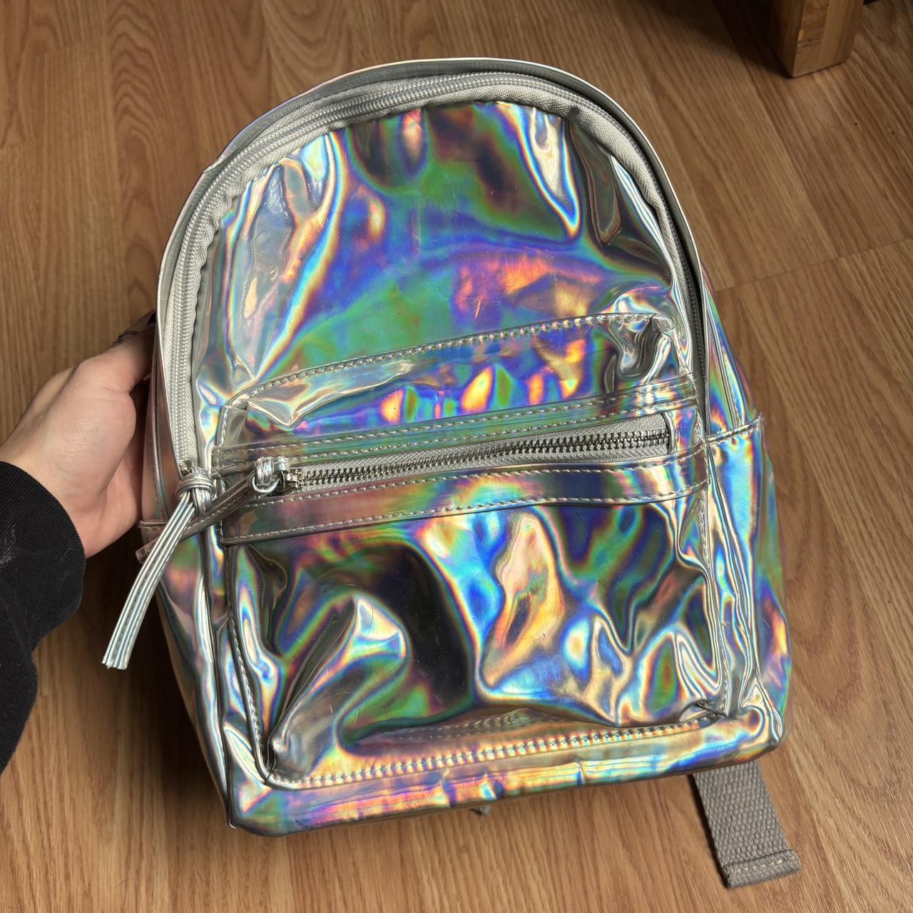 silver rainbow holographic mini backpack barely... - Depop