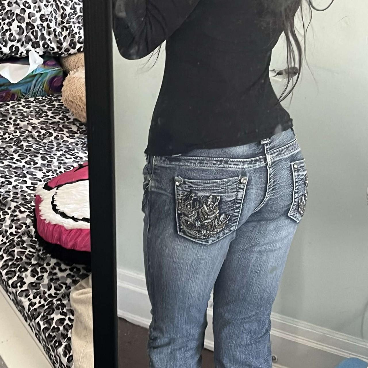 Low rise flare jeans with rhinestone on... - Depop