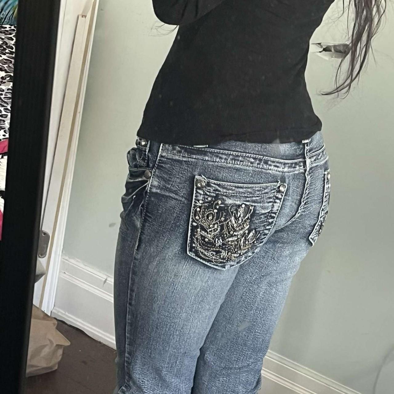 Low rise flare jeans with rhinestone on... - Depop